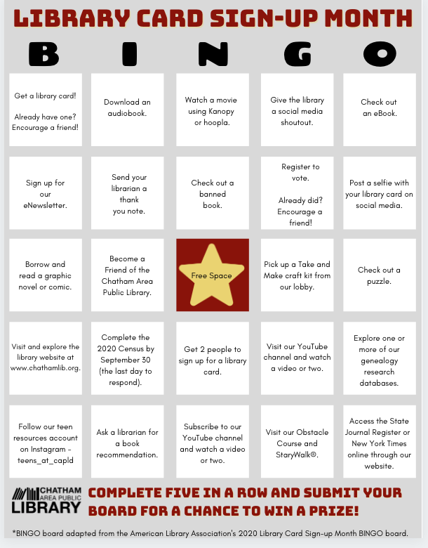Library Card Sign-Up Month BINGO | Chatham Area Public Library